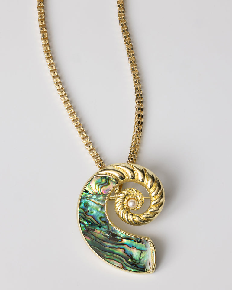 Gold Swirl Shell Pear and Real Abalone Shell Nautilus Brooch and Penda ...
